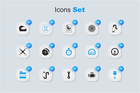 체크 엔진 캘리퍼 기어 시프터 라디에이터 냉각 시스템 엔진 피스톤 속도계 레이싱 헬멧 및 스톱워치 아이콘을 설정합니다 벡터 계시기에 대한 스톡 벡터 아트 및 기타 이미지