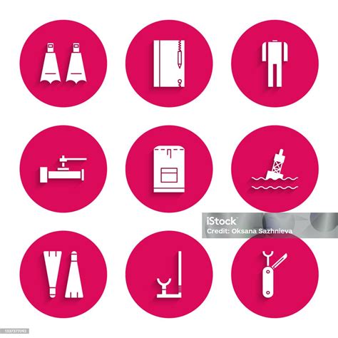 세트 배낭 스노클 스위스 군용 칼 바다에 부표 수영을위한 고무 오리발 산업 금속 파이프 및 밸브 잠수복 스쿠버 다이빙및 아이콘 벡터 관 튜브에 대한 스톡 벡터 아트 및 기타