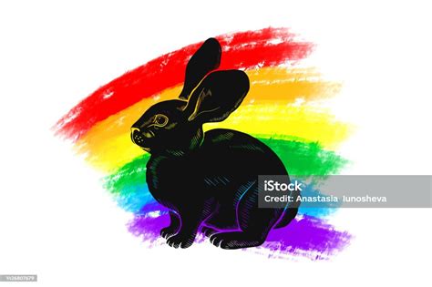 수채화 무지개 배경에 그려진 토끼 Lgbt 자존심의 달 벡터 플랫 일러스트레이션 Lgbt 프라이드의 달에 대한 스톡 벡터 아트 및 기타 이미지 Lgbt 프라이드의 달