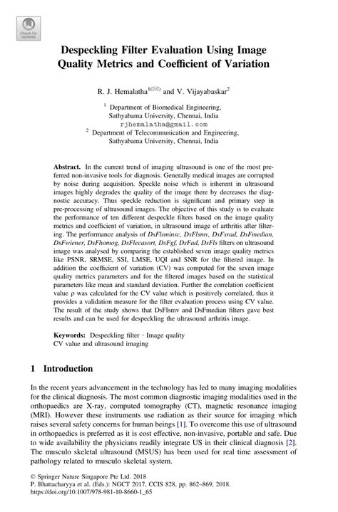 Pdf Despeckling Filter Evaluation Using Image Quality Metrics And