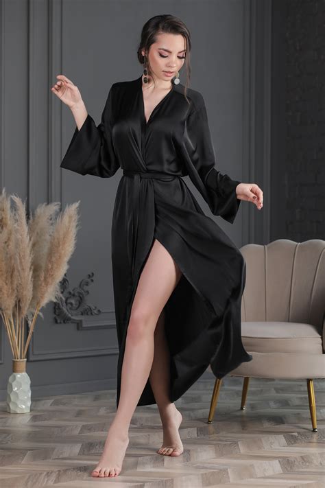 Silk Robe Black Silk Robe Kimono Silk Long Robe Long Silk Etsy