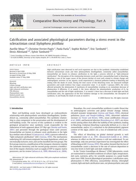 Pdf Calcification And Associated Physiological Parameters During A Stress Event In The