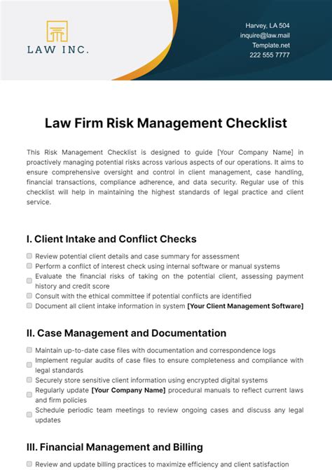 Free Law Firm Risk Management Checklist Template To Edit Online