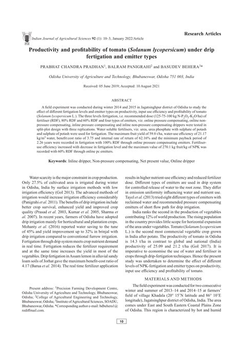 Pdf Productivity And Profitability Of Tomato Solanum Lycopersicum Under Drip Fertigation And