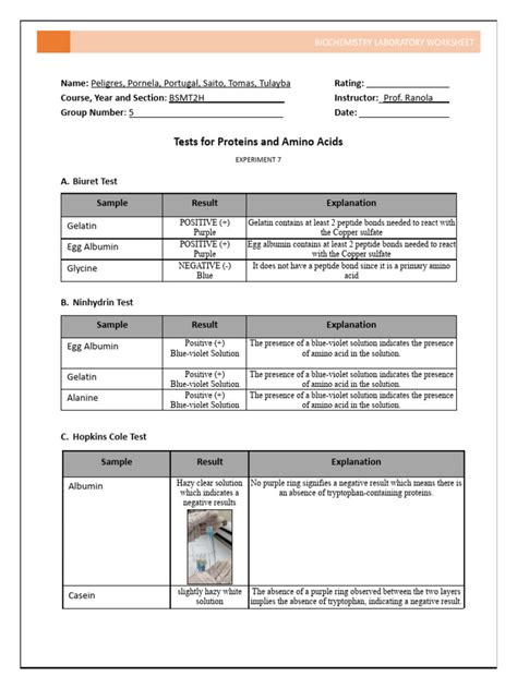 Group 5 Experiment 7 Tests For Proteins And Amino Acids Biochem Lab Download Free Pdf Amino