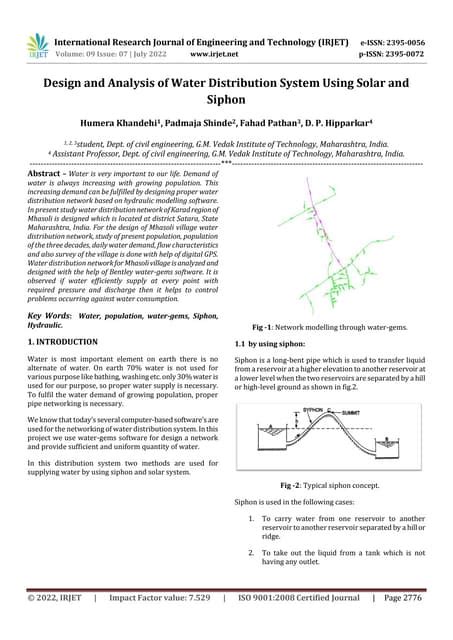 Design And Analysis Of Water Distribution System Using Solar And Siphon