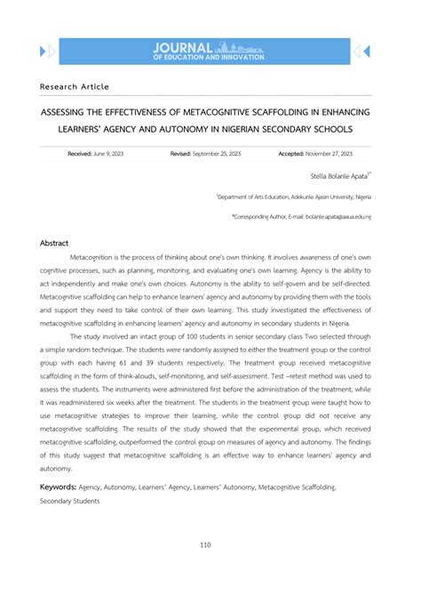 Pdf Assessing The Effectiveness Of Metacognitive Scaffolding In Enhancing Learners Agency And