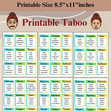 Printable Taboo Game Taboo Game Forbidden Words Instant Download Taboo Cards Printable