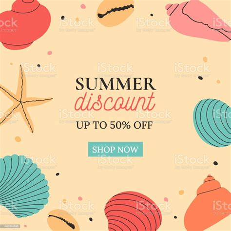 여름 세일 손으로 현대적인 배경은 화려한 조개 불가사리를 그립니다 아름 다운 여름 휴가 포스터입니다 인사말 카드 배너 초대장 소셜 미디어 게시물에 대한 벡터 템플릿입니다