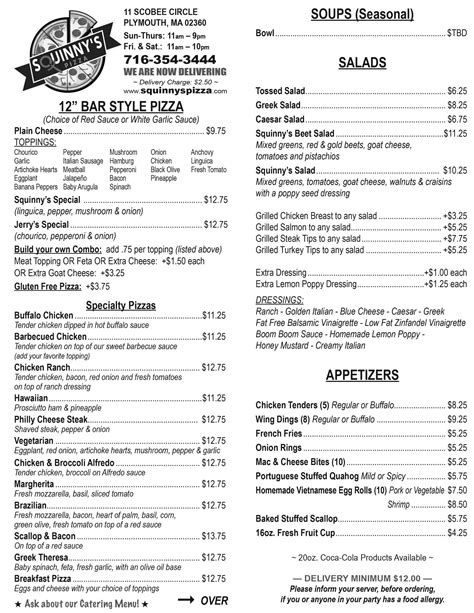 Old Menu Squinnys Pizza