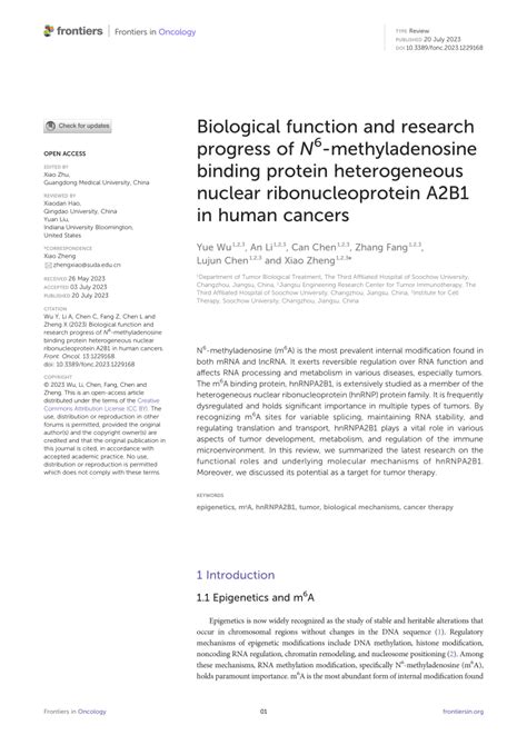 Pdf Biological Function And Research Progress Of N6 Methyladenosine Binding Protein