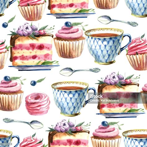 수채화 그림입니다 접시 커피 또는 차 흰색 바탕에 먹고 한잔에 샌드위치 케이크의 완벽 한 패턴 수채화에 대한 스톡 벡터 아트 및 기타 이미지 Istock