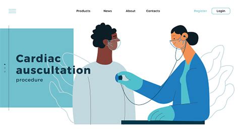 심장 청진 진료실 또는 실험실에서 시술을 실시하는 남성 환자 및 여성 의사 청진기 검사 절차 현대 평면 벡터 개념 그림입니다 랜딩 페이지 디자인 템플릿 웹 사이트 배너 건강