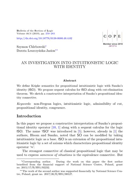 Pdf An Investigation Into Intuitionistic Logic With Identity