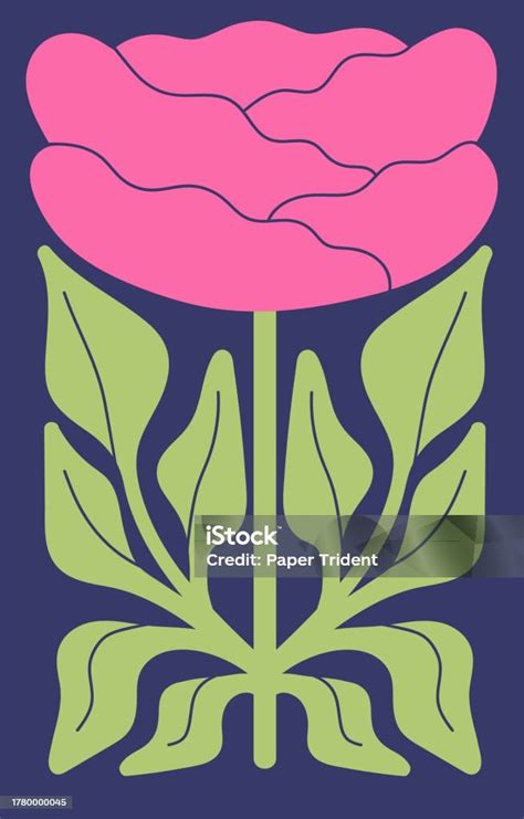 추상 꽃 포스터입니다 빈티지 식물 벽 예술입니다 그루비 양식의 장미 꽃 봉오리 구부러지고 불규칙한 모양의 잎을 가진 펑키 식물 현대적인 꽃 장식 평면 그래픽 벡터 일러스트