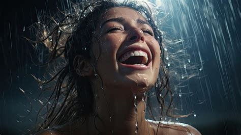 Premium Ai Image A Woman Laughing With Water Dripping Off Her Hair