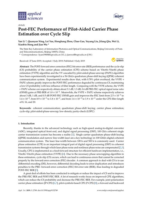 Pdf Post Fec Performance Of Pilot Aided Carrier Phase Estimation Over Cycle Slip
