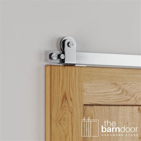 Close Up Of Stainless Steel Straight Top Mount Barn Door Hardware