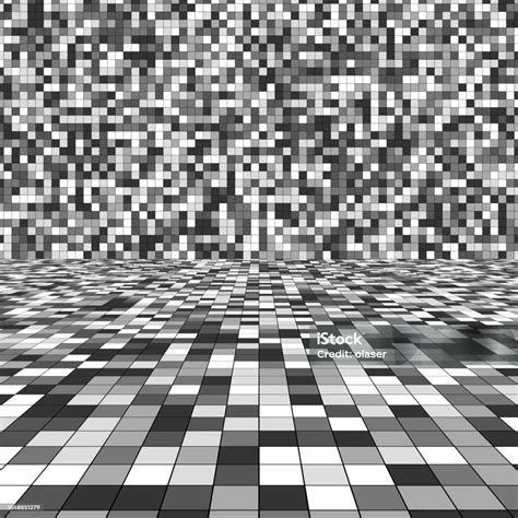 사각형의 그레이스케일 패턴은 바닥과 벽을 모두 덮어 시각적으로 매력적이고 균일한 질감을 만들어 지각과 깊이를 가지고 놀아줍니다 3차원 형태에 대한 스톡 벡터 아트 및 기타