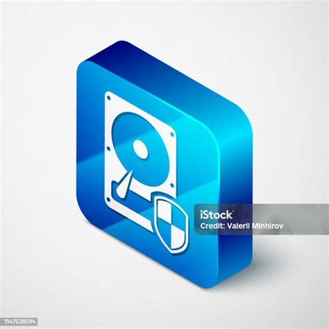 아이소메트릭 하드 디스크 드라이브 Hdd 보호 아이콘 흰색 배경에 고립입니다 파란색 사각형 버튼을 클릭 합니다 벡터 일러스트 0명에 대한 스톡 벡터 아트 및 기타 이미지