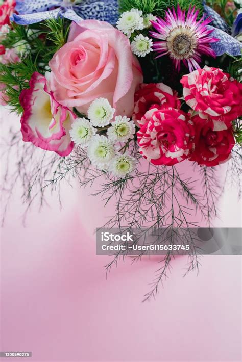 분홍색 배경에 둥근 상자에 봄 꽃 장미 오초의 다양한 세련된 트렌디 한 섬세한 꽃다발 복사 공간 감사에 대한 스톡 사진 및 기타 이미지 Istock