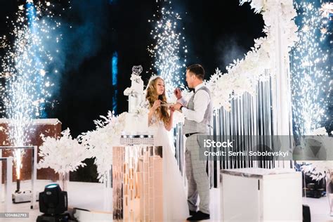 신부와 신랑은 웨딩 케이크를 자르고 먹고 있다 손은 꽃으로 케이크를 잘라 아치 근처 신혼 부부 빛과 불꽃 놀이와 밤 의식 화재 쇼 웨딩 케이크에 대한 스톡 사진 및 기타