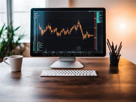 Modern Workspace With Computer Displaying Financial Data Charts Keyboard Coffee Cup Stock