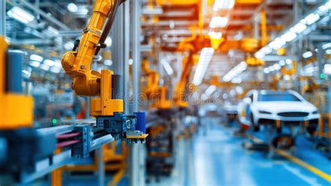 Advanced Robotic Arm In Automated Industrial Setting For Car Manufacturing Workflow With Modern