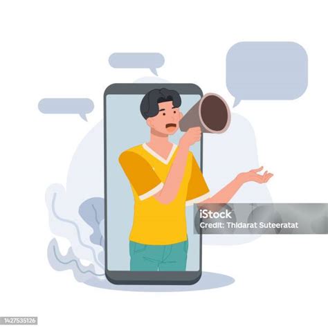 인터넷 광고 시끄러운 스피커로 외치는 한 남자가 스마트폰에서 나왔다 영향력있는 마케팅 벡터 일러스트 레이 션 개념에 대한 스톡 벡터 아트 및 기타 이미지 Istock