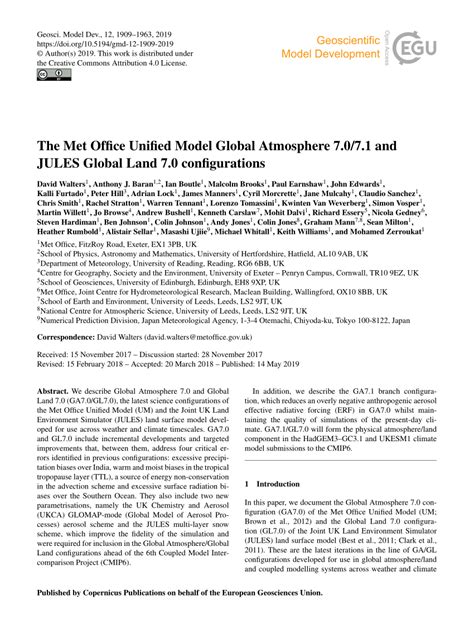 Pdf The Met Office Unified Model Global Atmosphere 7071 And Jules