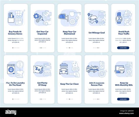 Road Trip Planning Light Blue Onboarding Mobile App Screen Set Stock
