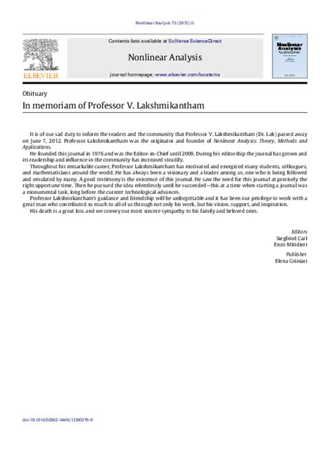 Pdf In Memoriam Of Professor V Lakshmikantham