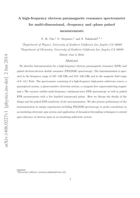 Pdf A High Frequency Electron Paramagnetic Resonance Spectrometer For Multi Dimensional
