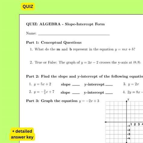 Slope Intercept Form Quiz Linear Equations Assessment For Algebra
