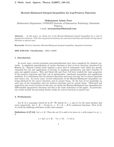 Pdf Hermite Hadamard Integral Inequalities For Log Preinvex Functions