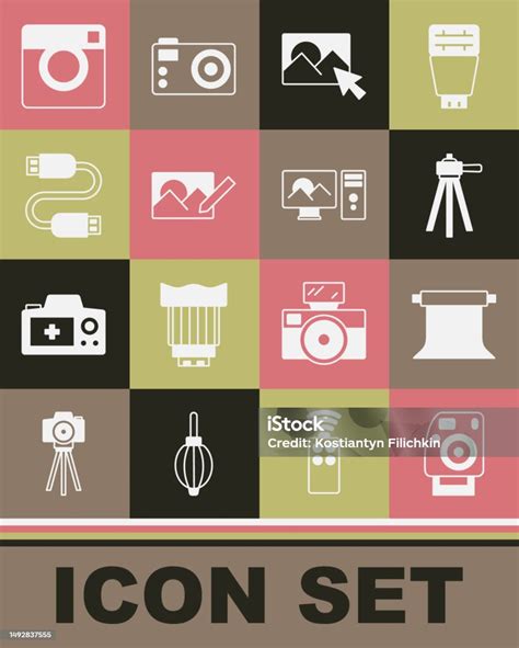 사진 카메라 빈 사진 스튜디오 삼각대 수정 Usb 케이블 코드 및 아이콘을 설정합니다 벡터 겉창에 대한 스톡 벡터 아트 및 기타 이미지 Istock