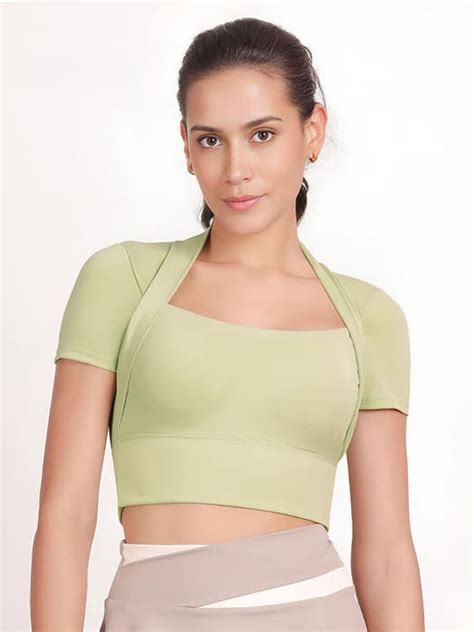 Shyle Jadesheen Green Half Sleeve Padded Bra Top