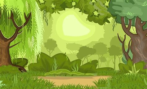 여름 숲 풍경 가장자리의 울창한 단풍 관목 및 클리어링 밝은 안개 덤불 자연 일러스트레이션 녹색 나무의 보기 만화 플랫 스타일 벡터 0명에 대한 스톡 벡터 아트 및 기타