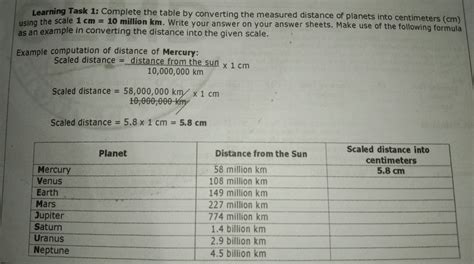 solved learning task 1 complete the table by converting the measured distance of planets into