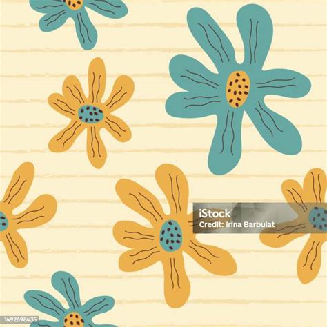추상적인 현대적인 이음매 없는 패턴 카모마일 꽃 선 점이 있는 단순하고 귀여운 패턴 레트로 꽃 벡터 배경 표면 디자인입니다 섬유 문구류 포장지 커버 60년대 70년대 스타일