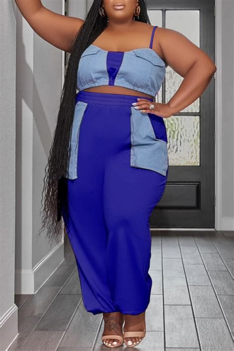 Wholesale Blue Sexy Casual Patchwork Backless Contrast Spaghetti Strap