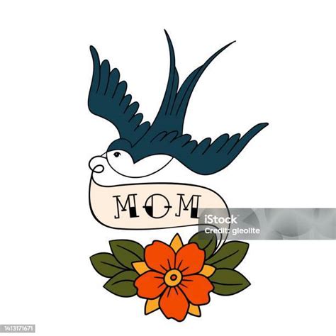 리본 삼키기 꽃 및 단어 엄마가있는 고립 된 문신 심장 어머니의 날을위한 컬러 일러스트레이션 올드 스쿨 복고풍 일러스트레이션