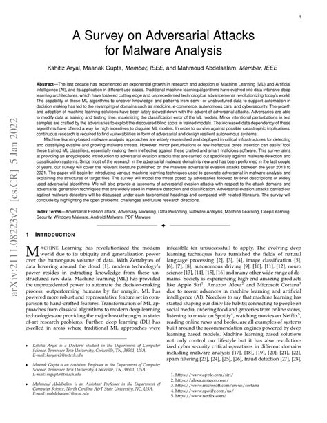 Pdf A Survey On Adversarial Attacks For Malware Analysis