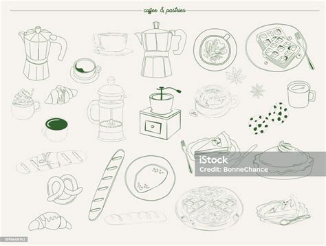 커피와 베이커리 일러스트레이션을 스케치 스타일로 구성한다 낙서 드로잉에 대한 스톡 벡터 아트 및 기타 이미지 낙서 드로잉 달콤한 롤빵 달콤한 음식 Istock