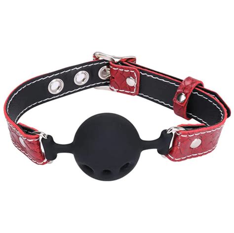Locking Bdsm Ball Gag Red Vegan Leather And Silicone Adjustable Gag