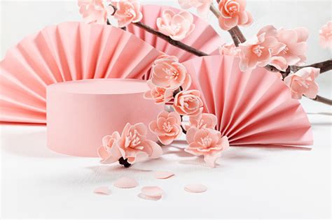 부드러운 봄 무대 실린더 연단 모형 햇빛에 무성한 분홍색 벚꽃 흰색에 반원 아시아 팬 근접 촬영 프리젠 테이션 화장품 상품 브랜딩을위한 템플릿입니다 3차원 형태에 대한 스톡