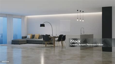 현대 집 인테리어입니다 까만 부엌입니다 밤입니다 저녁 조명입니다 3d 렌더링입니다 0명에 대한 스톡 사진 및 기타 이미지 0명 3차원 형태 가구 Istock