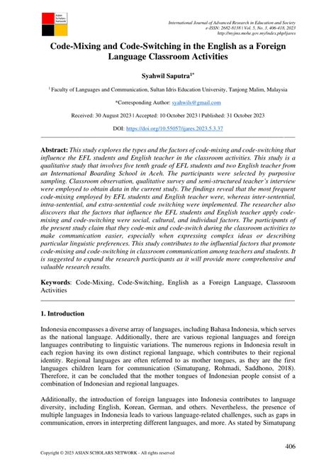 Pdf Code Mixing And Code Switching In The English As A Foreign Language Classroom Activities