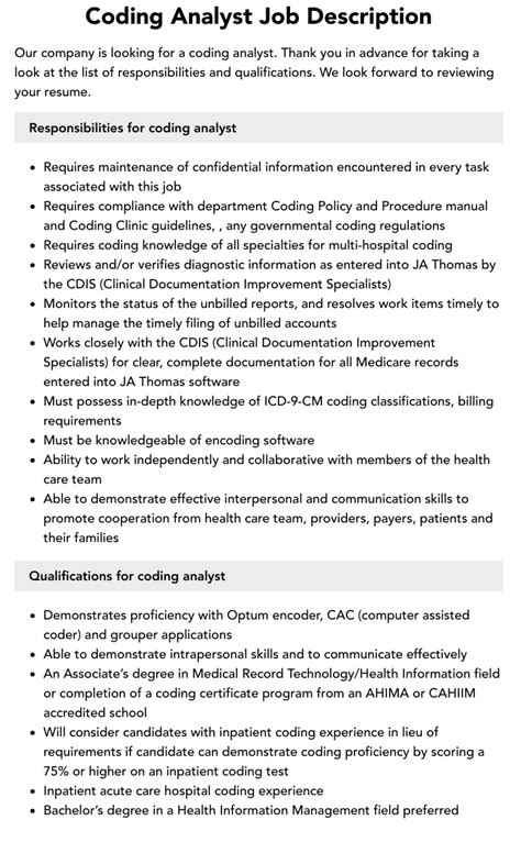 Coding Analyst Job Description Velvet Jobs