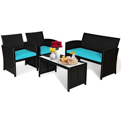Tangkula 4 Piece Outdoor Patio Rattan Furniture Set Turquoise Cushioned